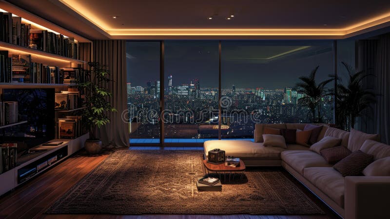 Realistic Living Room at Night with a Cityscape View Stock Illustration ...