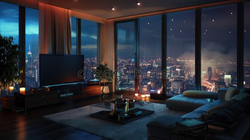Realistic Living Room at Night with a Cityscape View Stock Illustration ...