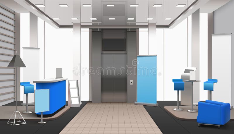 Realistic Lobby Interior Blue Elements Stock Vector - Illustration of ...