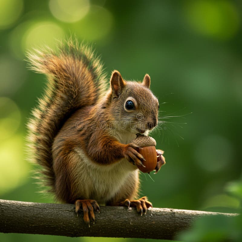 A Realistic-looking Squirrel Perches on a Tree Branch, Holding an Acorn ...