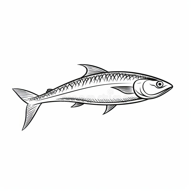 Delicate Line Work Illustration of Sardine Fish on White Background ...