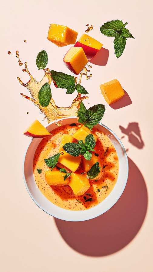 Realistic Mango Chia Pudding with Mango Cubes and Juice Splashes on a ...