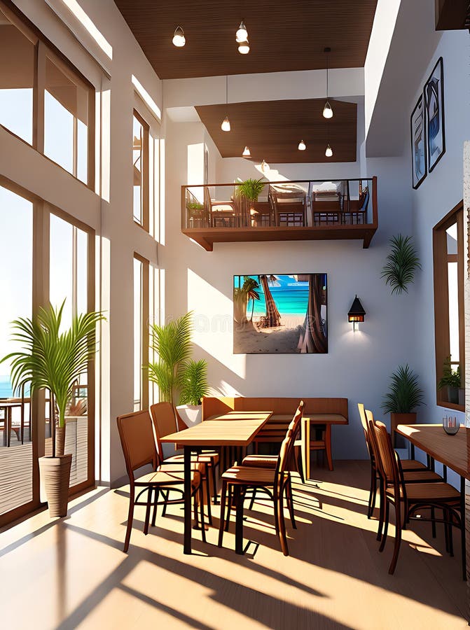 Realistic Mediterraneanstyle Beachside Cafe Design. Stock Illustration ...