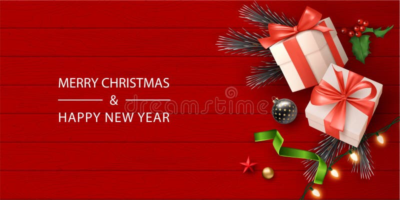 Realistic Merry Christmas Banner with Gift Box and Christmas ...