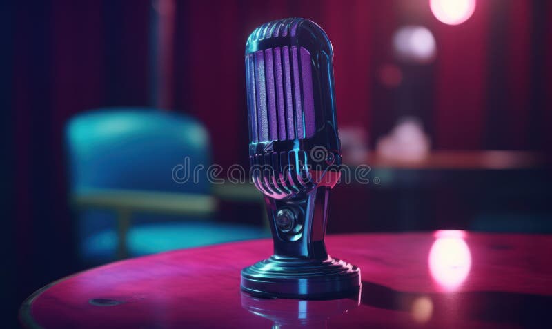 Realistic Microphone on Blue and Purple Table AI Generated Stock ...