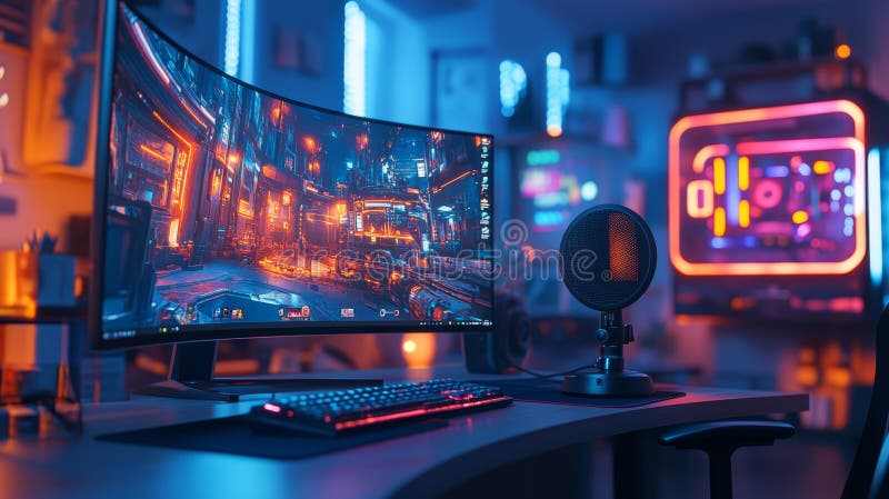 Realistic Microphone and Sci-fi Gaming Setup in a Softly Lit ...