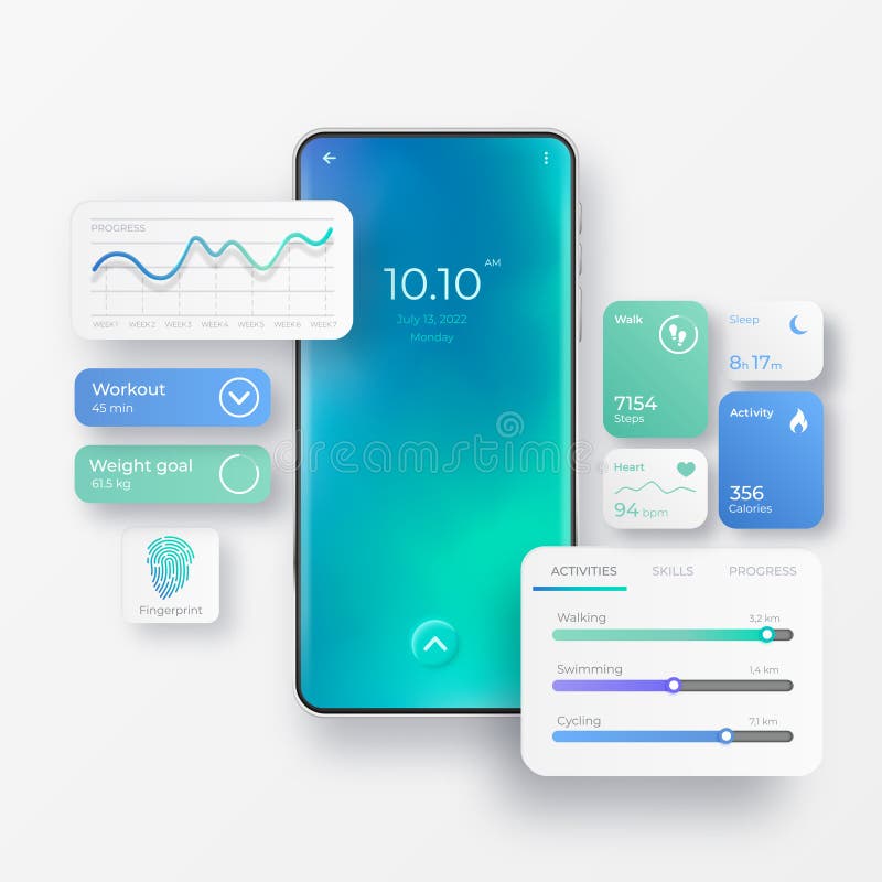 Realistic Mobile Phone with Fitness App Interface Elements. Activity ...