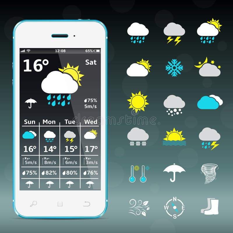 Realistic Mobile Phone with Weather Forecast Widget and Icons Stock ...