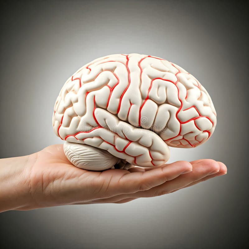 A Realistic Model of a Human Brain with Red Veins is Held in an Open ...