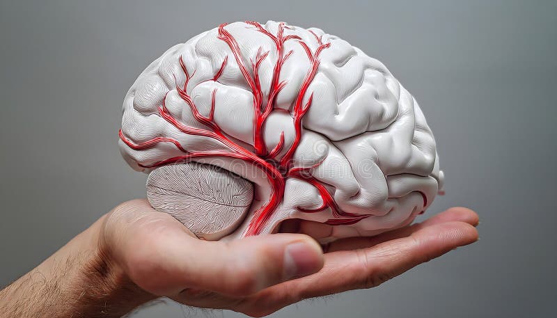 A Realistic Model of a Human Brain with Red Veins is Held in an Open ...