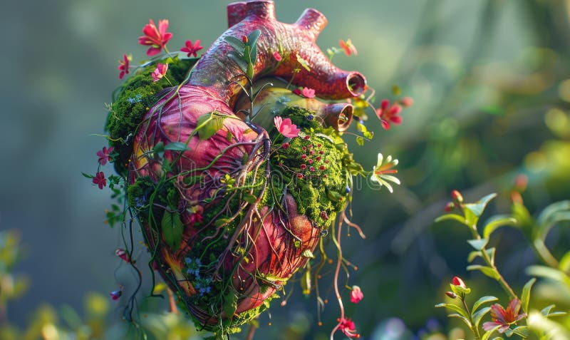 Realistic Model of a Human Heart Covered in Blooming Flowers and Vines ...