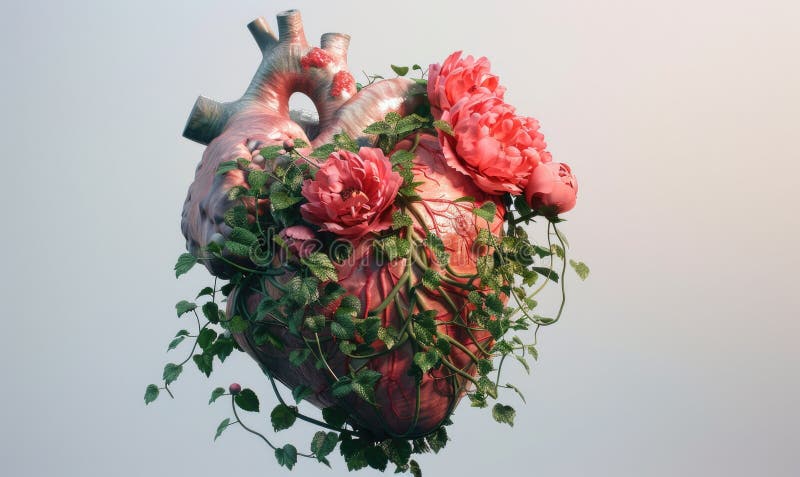 Realistic Model of a Human Heart Covered in Blooming Flowers and Vines ...