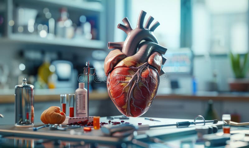 Realistic Model of a Human Heart, on a Lab Table with Medical ...