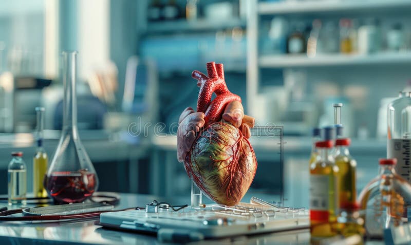 Realistic Model of a Human Heart, on a Lab Table with Medical ...