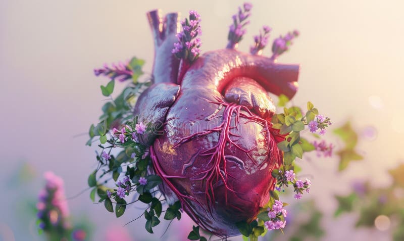 Realistic Model of a Human Heart Wrapped in Delicate Lavender and Ivy ...