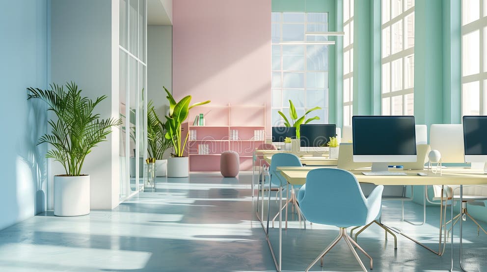 A Realistic of a Modern Office Interior Designed in Pastel Tones. the ...