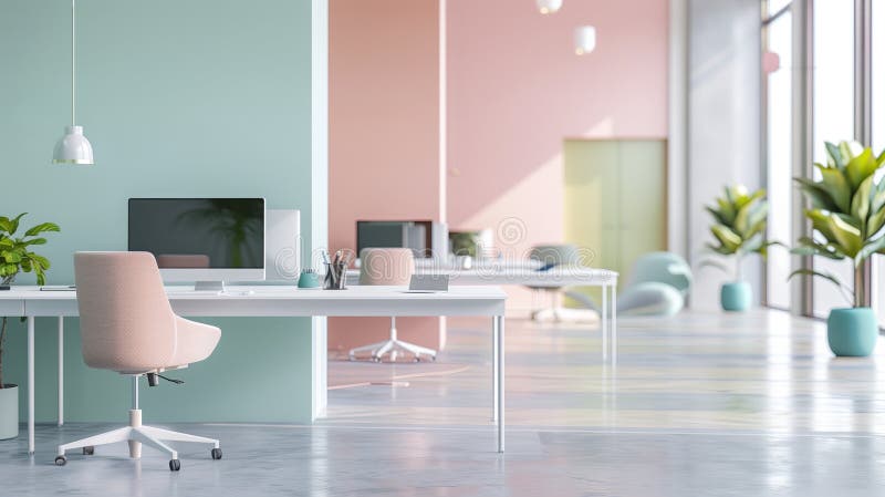 A Realistic of a Modern Office Interior in Pastel Tones, Featuring ...