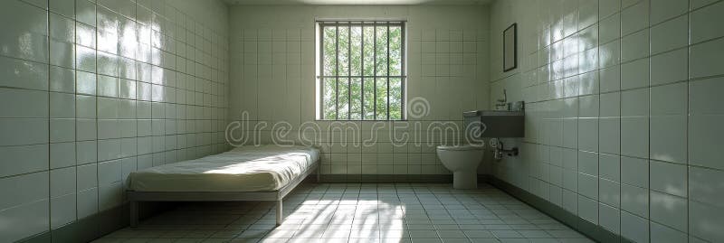 A Realistic Modern Prison Cell with Plain White or Light-gray Concrete ...