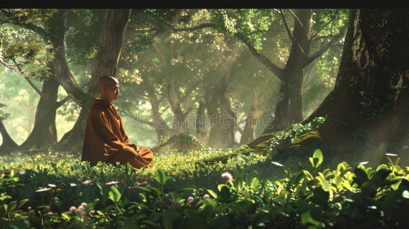 A Realistic Monk Meditating Peacefully in a Serene Forest Stock ...
