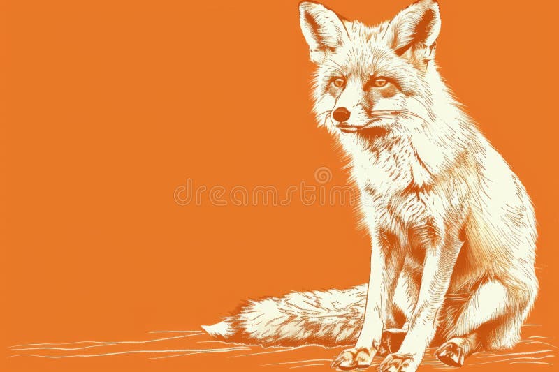 Realistic Monochrome Image of a Sitting Fox on an Orange Background ...
