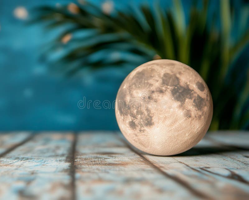 A Realistic Moon Model Rests on a Rustic Wooden Surface, with Blurred ...
