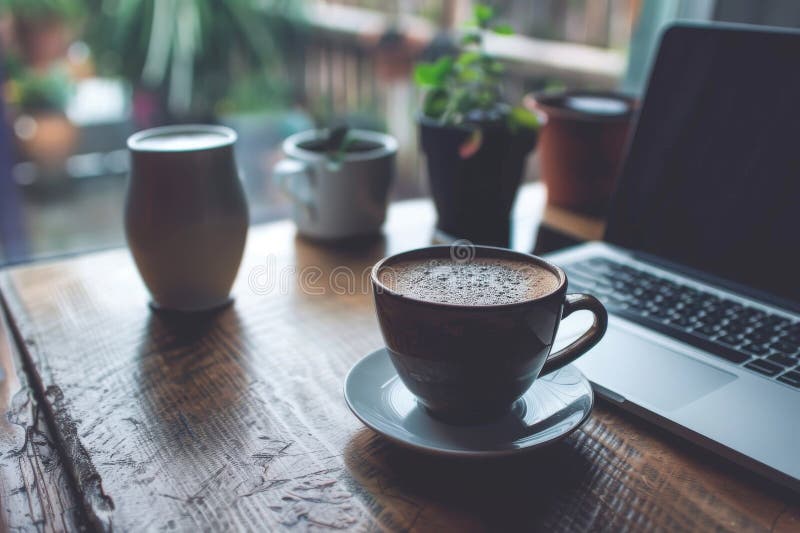 Realistic Morning Work Setup with Coffee and Laptop. Stock Illustration ...
