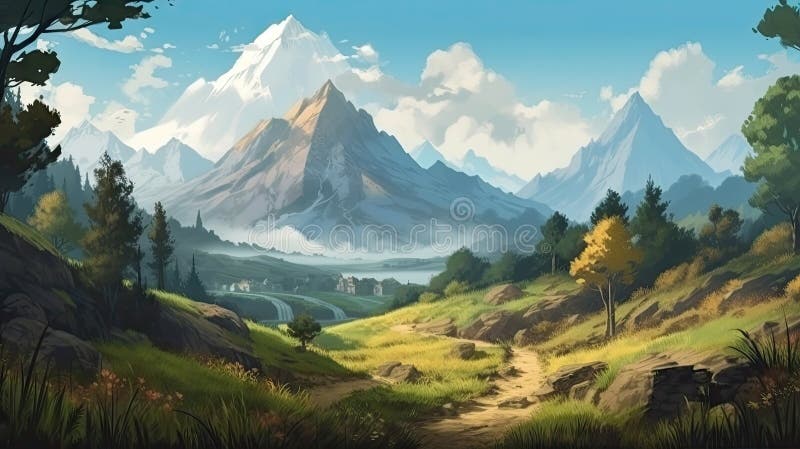 Realistic Mountain View with Silhouettes of Pine Trees Around it ...