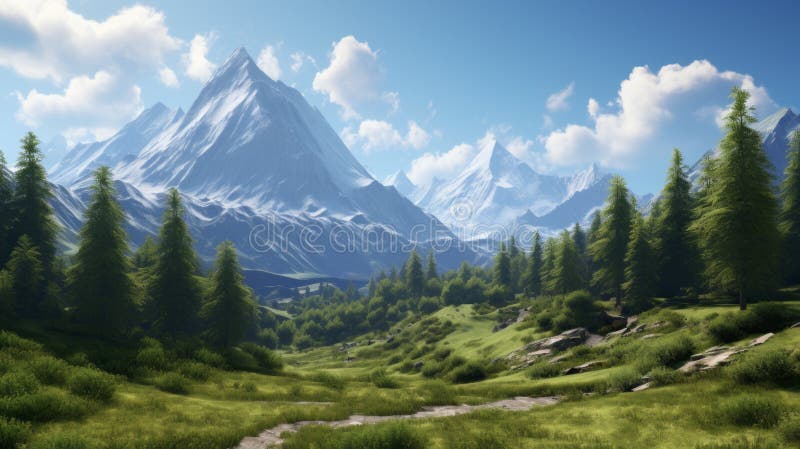 Realistic Mountain Valley with Detailed Renderings and Brushstroke ...