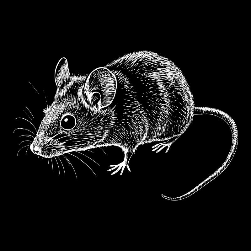 Realistic Mouse Drawing in Engraving Style, White on a Black Background ...