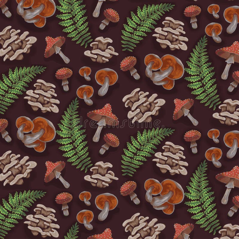 Mushroom Forest Pattern. Fern Gilled Mushroom, Oyster Mushroom and Fly ...
