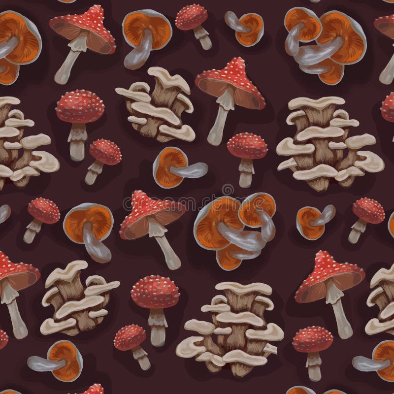 Realistic Mushroom Seamless Pattern Stock Vector - Illustration of ...
