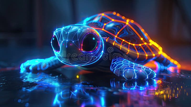 Realistic Neon Turtle Reflected on Water with Vibrant Colors. Stock ...