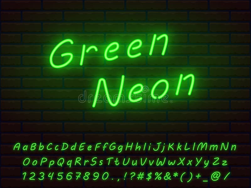 Green Script Neon Font Set. Collection of Vector Letters Numerals Signs ...