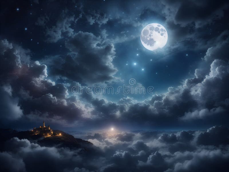 Realistic Night Sky with Clouds and Moon, Beautiful Heaven Nature ...