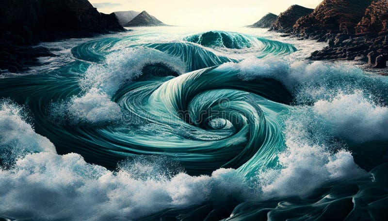 Realistic Ocean Waves Illustration. Whirlpool in a Storm on the Coast ...