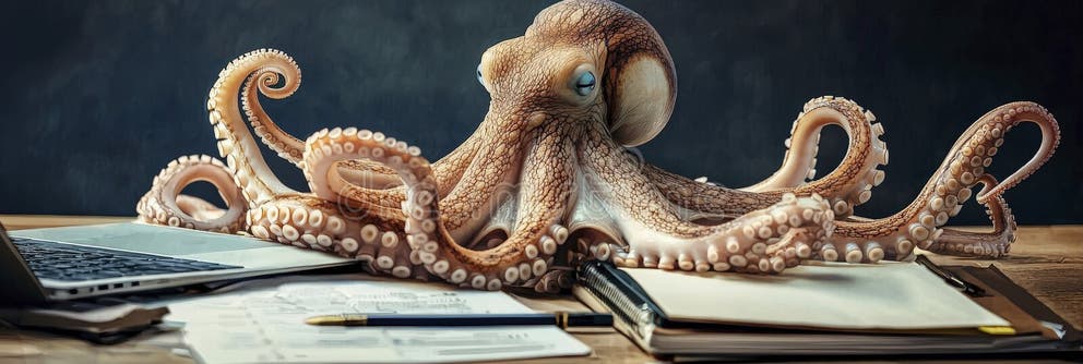 Realistic Octopus at a Desk Full of Documents Stock Illustration ...