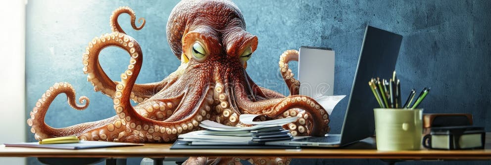 Octopus Multitasks at a Desk in a Colorful Workspace Stock Illustration ...