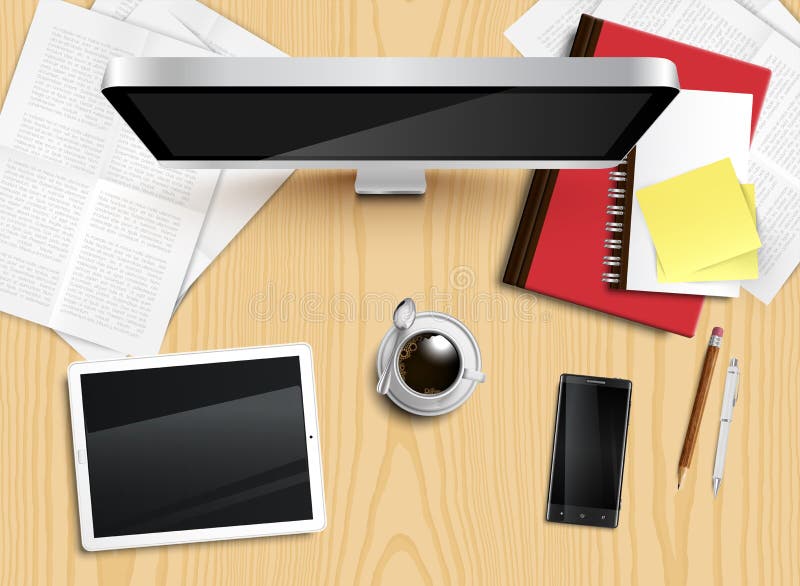 Realistic Office Desk with Different Objects, Vector Illustration Stock ...