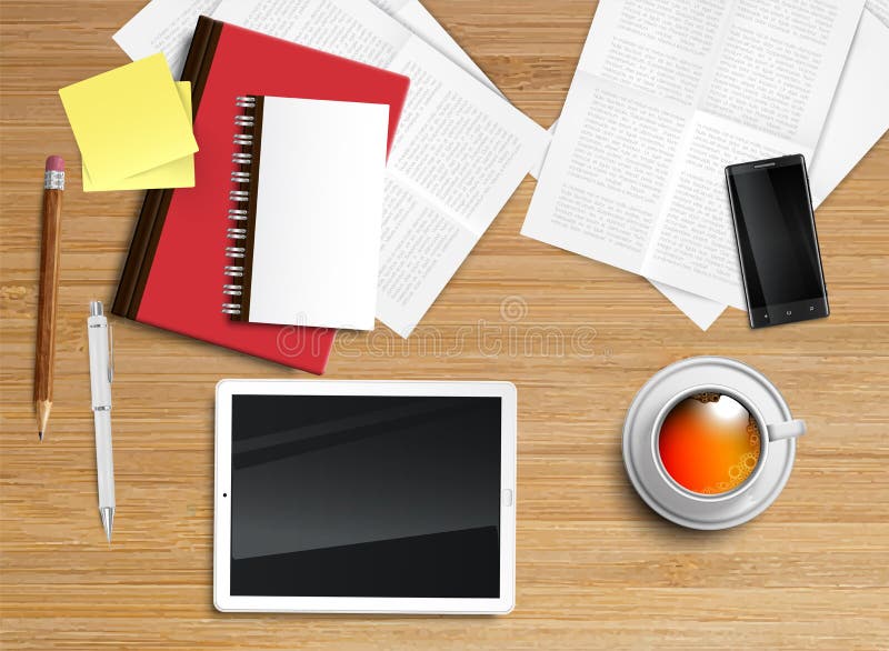 Realistic Office Desk with Different Objects, Vector Illustration Stock ...