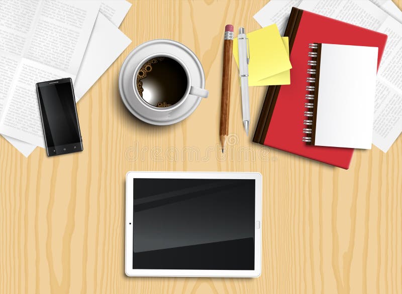 Realistic Office Desk with Different Objects, Vector Illustration Stock ...