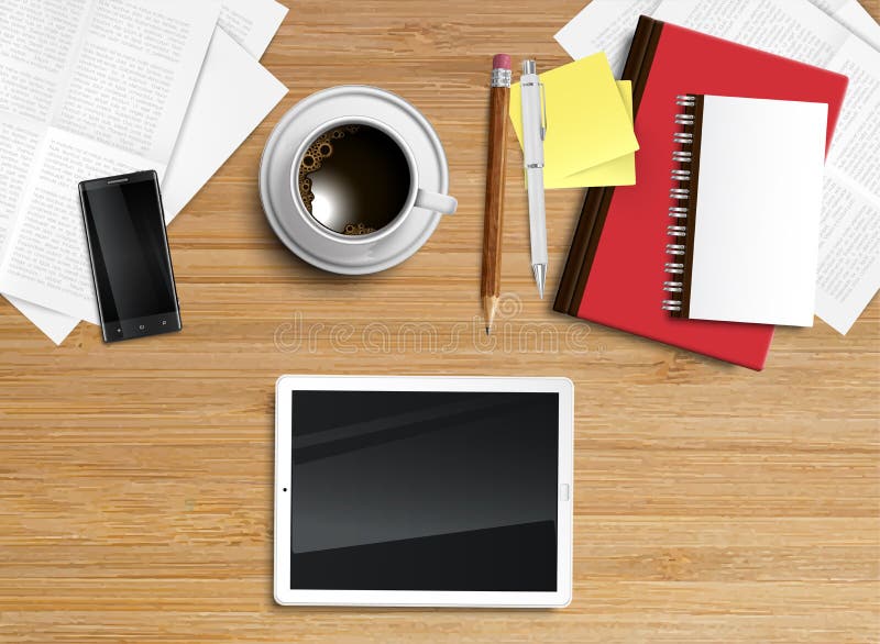 Realistic Office Desk with Different Objects, Vector Illustration Stock ...