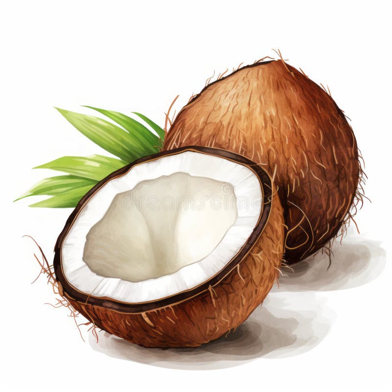 Realistic Oil Portrait of a Coconut with Leaves on White Background ...