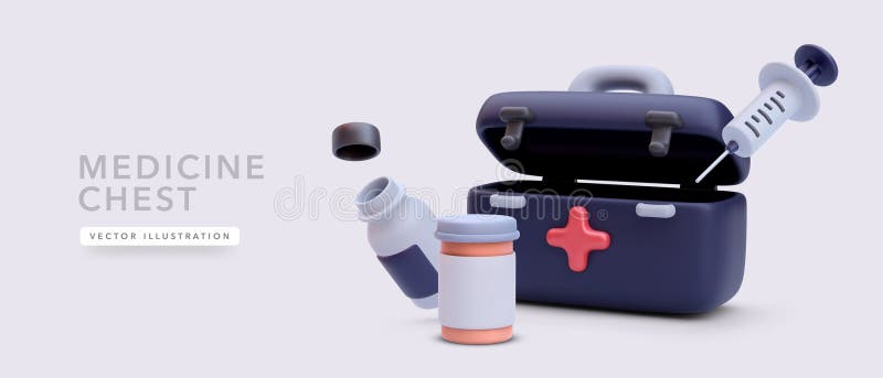 3d Realistic Open First Aid Kit with Pill Boxes and Syringe Isolated on ...