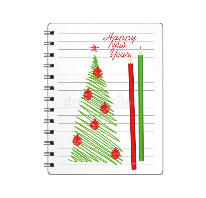Realistic Opened Notebook Template with Christmas Tree and Ball and ...