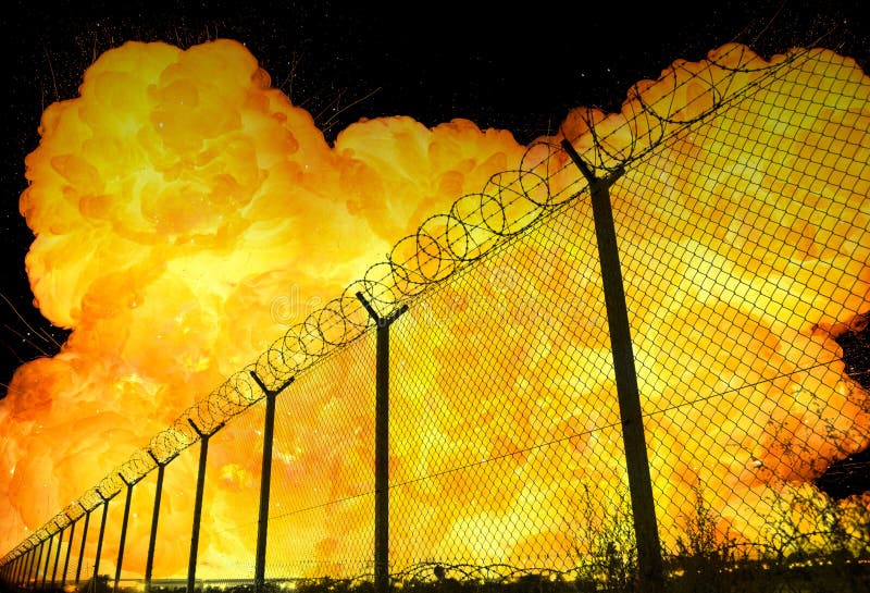 Realistic Orange Fire Explosion Behind Restricted Area Barbed Wire ...