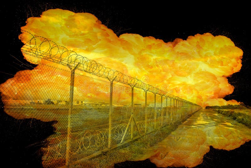 Realistic Orange Fire Explosion Behind Restricted Area Barbed Wire ...