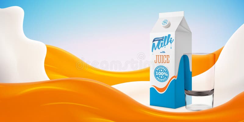 Realistic Orange Milk Vector Illustration with Glass and Packaging on ...