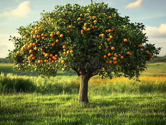 Realistic Orange Tree Loaded with Fruit in Lush Green Landscape Stock ...