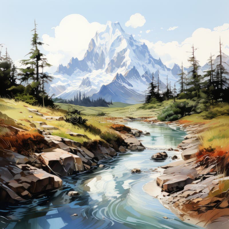 Scenic Valley Illustration with Realistic and Detailed Mountains Stock ...