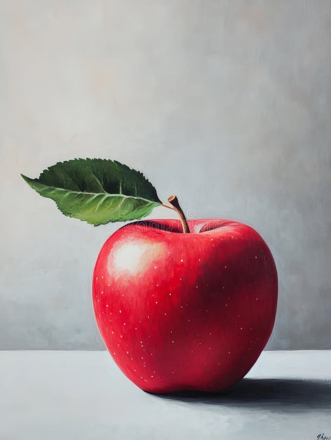 Realistic Painting of a Red Apple with a Single Leaf on a Neutral ...